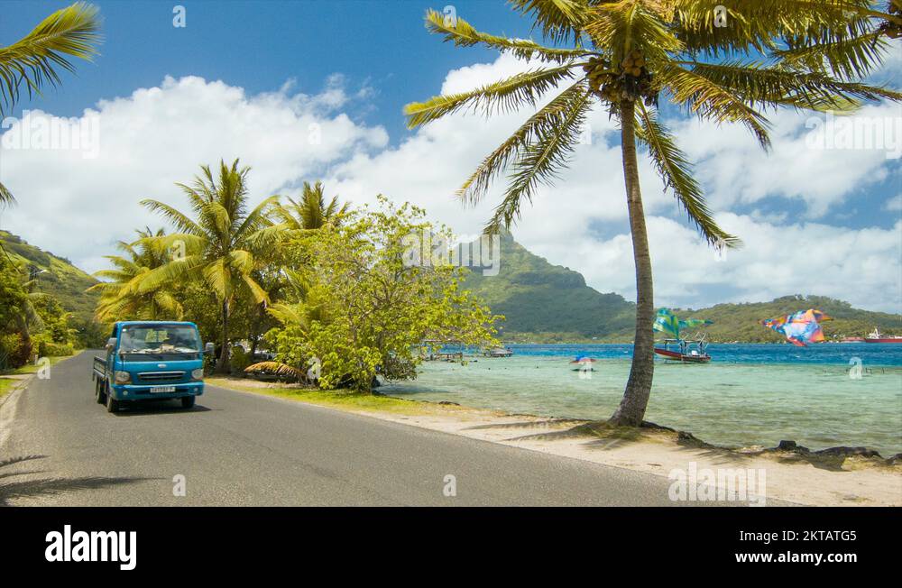Bora Bora Island Main Coastal Road Along Beach with Palm Trees Stock ...