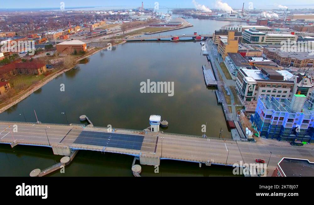 Scenic arial flyover of Green Bay Wisconsin’s downtown waterfront Stock ...