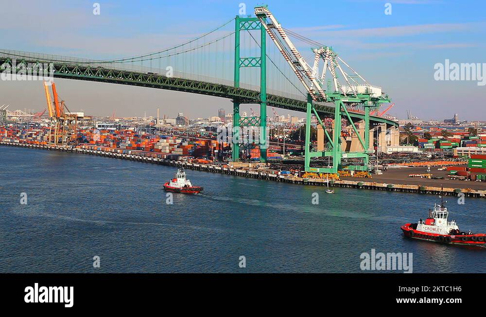 Pusher tug, Cargo Container Ship terminal and Vincent Thomas Bridge in ...