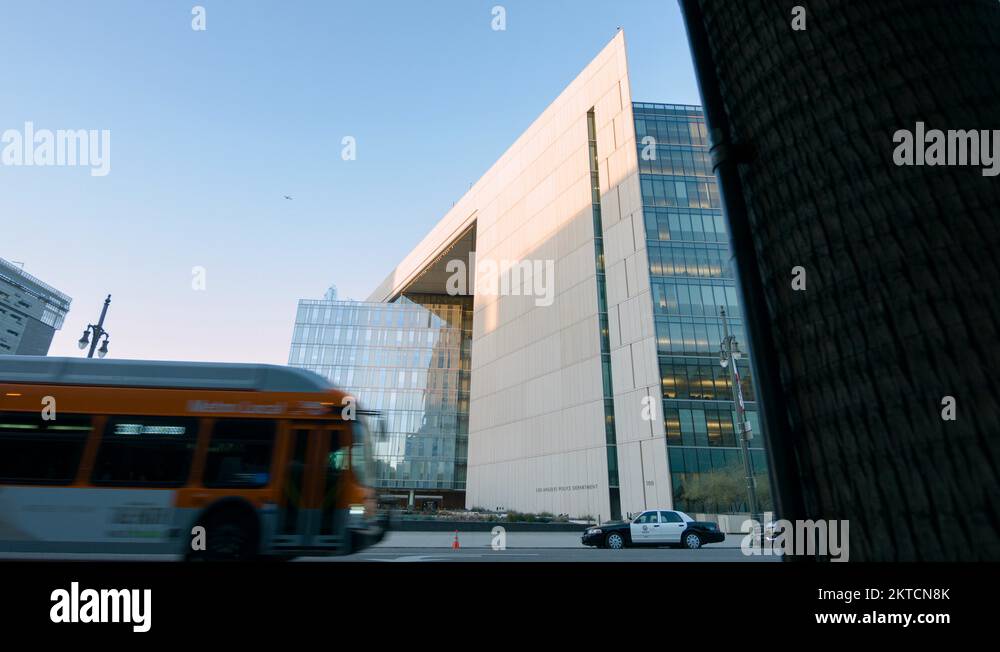 Bus and cars pass in front of LAPD headquarters in Downtown LA 4K Stock ...