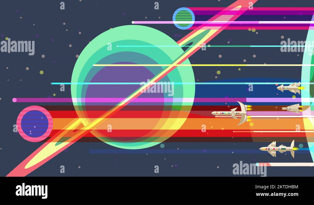 Space rockets flying past large planets and stars, retro futurism ...