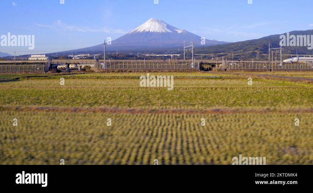 Shinkansen Bullet Train passing fields and Mount Fuji, Honshu, Japan Stock Video Footage - Alamy