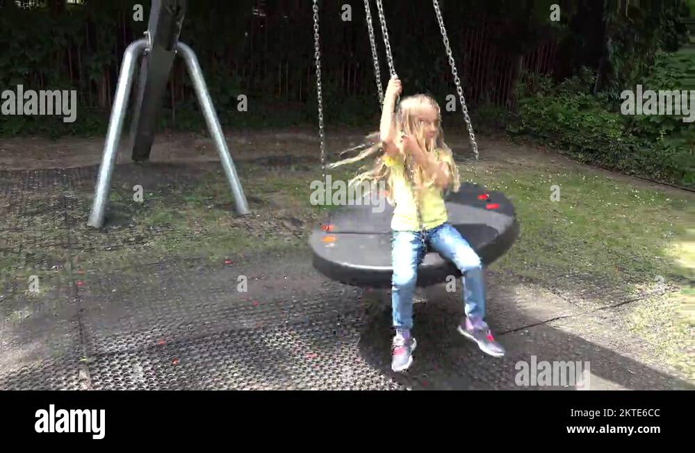 4K Happy Smiley Child Swinging, Little Girl Playing at Playground Park ...