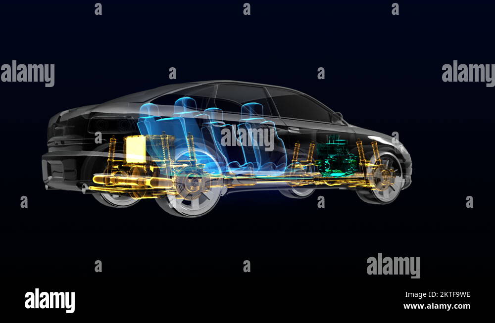 Automobile. Drive shaft system, Engine, interior. X-ray 360 degree Side ...