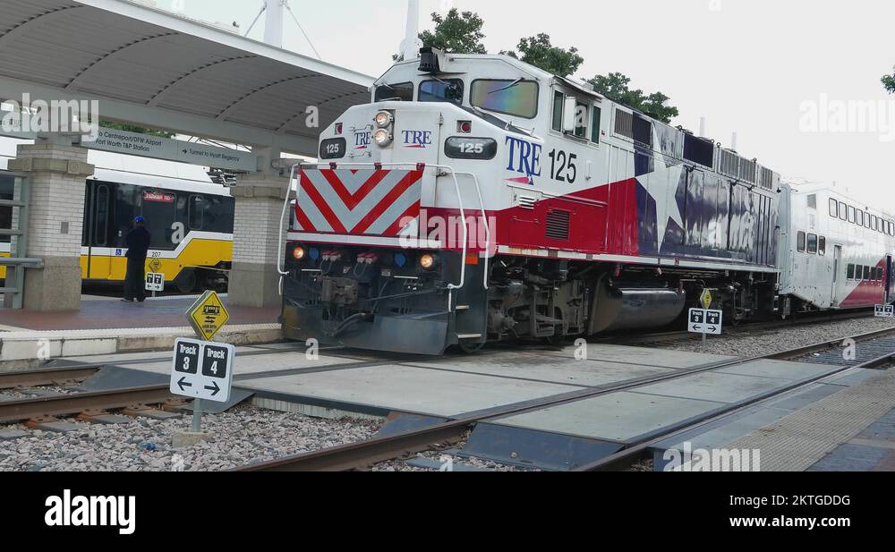 Trinity Railroad Express leaving Union station in Downtown Dallas Stock ...