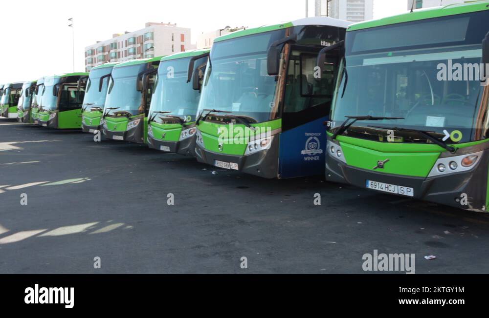 Passenger intercity buses stand in line on the bus terminal of Titsa ...