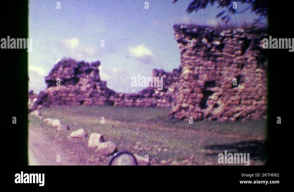 1976: Visiting ancient stone brick ruins walls tourist bus stop. COLON ...