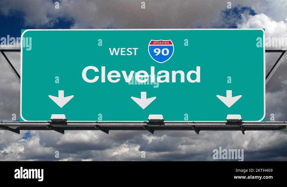 Cleveland Interstate 90 Overhead Highway Sign with Time Lapse Clouds ...