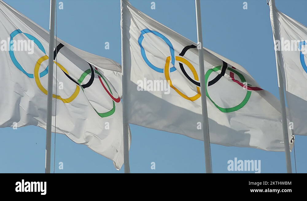 Close Up Olympic flags are the official symbol of the Olympic Games ...