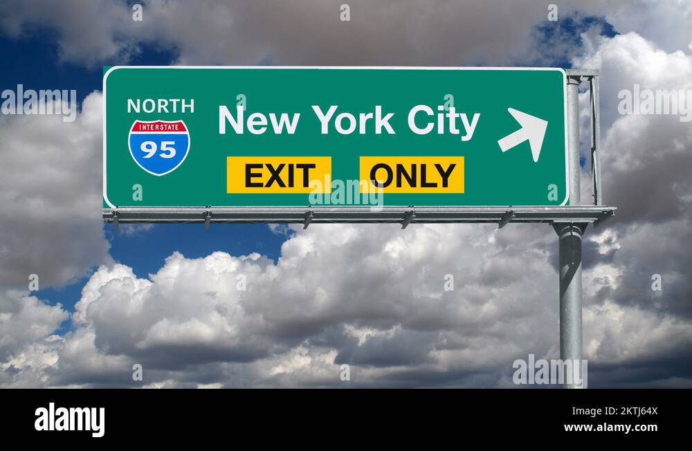 New York City Interstate 95 Exit Only Sign with Time Lapse Clouds Stock ...