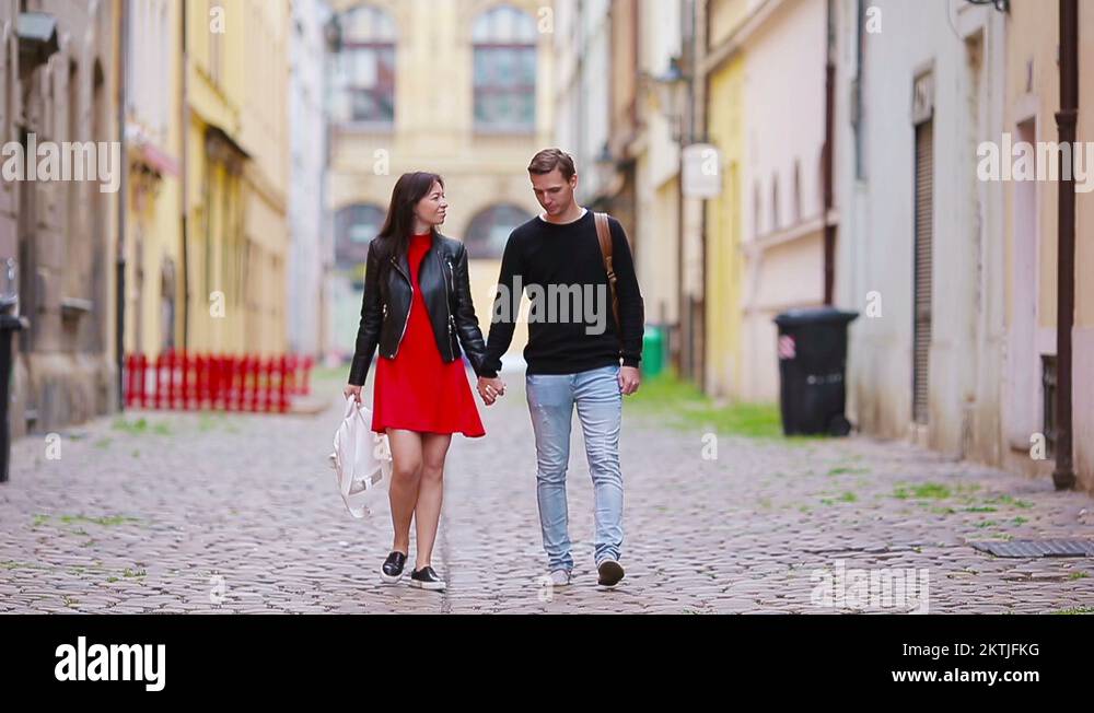 Romantic couple enjoy holidays in Europe. Happy lovers enjoying each ...