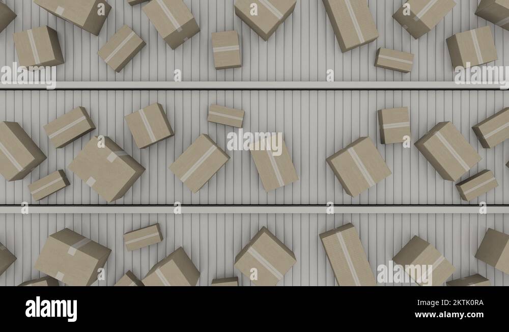 Boxes moving on conveyors, view from above. 4K seamless loop able clip ...