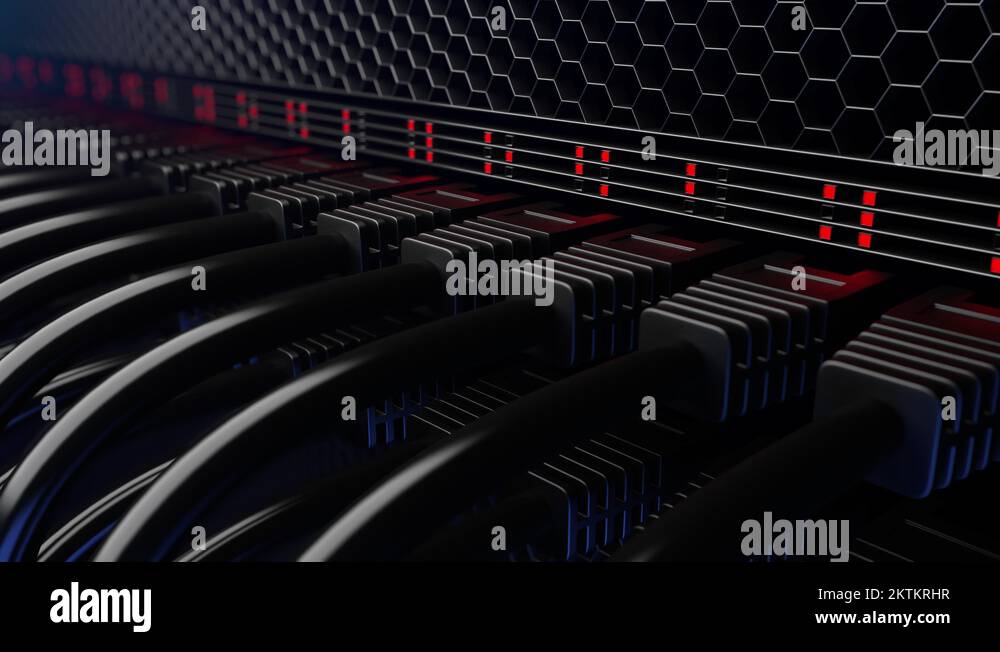Rows of server wires, flashing lamps and connectors. Seamless loopable ...