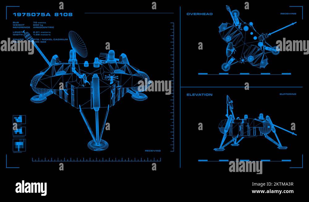 Looping, orthographic view of rotating wireframe model of Viking Lander ...