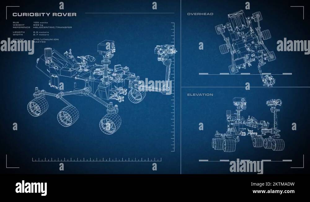 Looping, animated orthographic engineering blueprint of Curiosity Rover ...