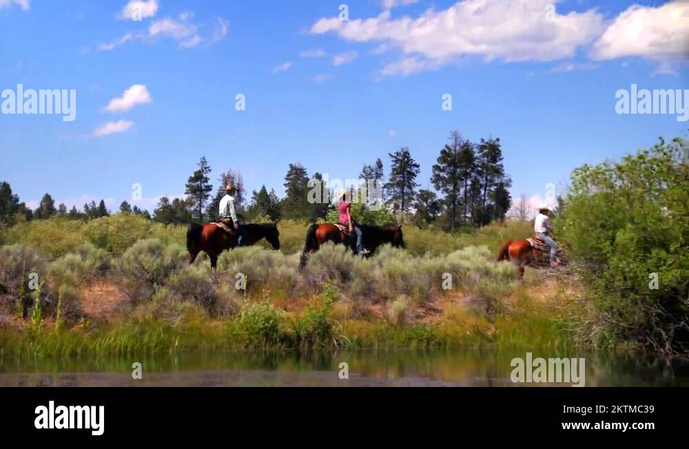 Group of People Riding Horses on Trail Under Gorgeous Sky Tracking Shot ...