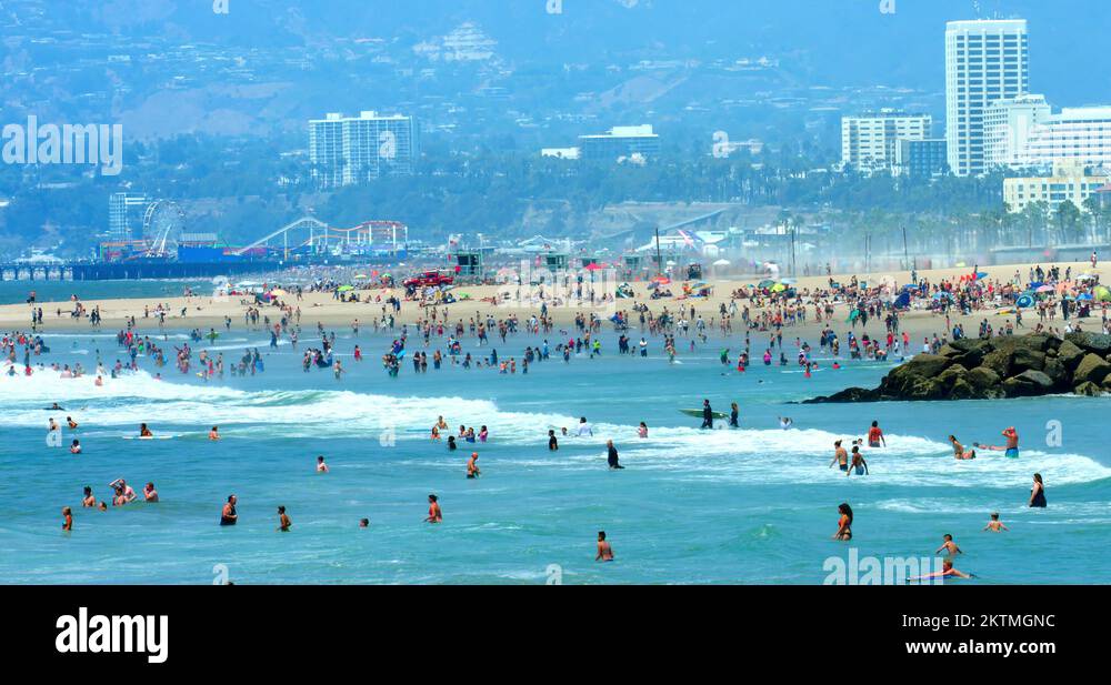 People swim in the Pacific Ocean in Santa Monica Beach, Los Angeles, 4K ...