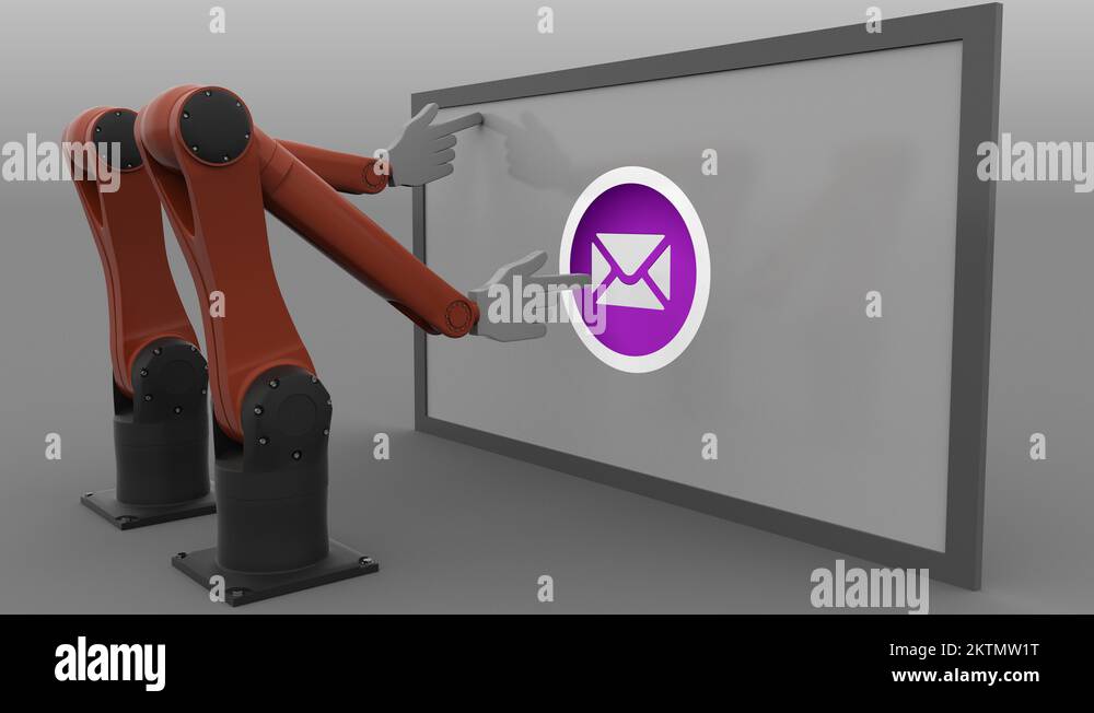 Two industrial robot arms scrolling screen and pushing send mail ...