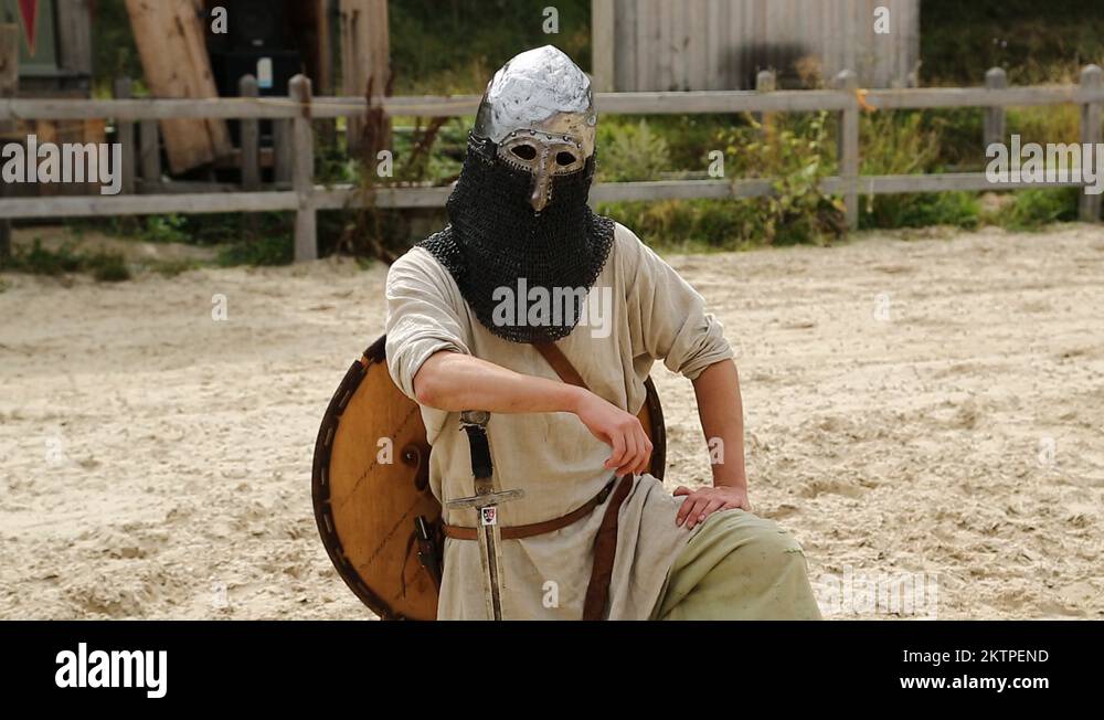 Knight in armours with shield and sword in Kyivan Rus park, Kopachiv ...