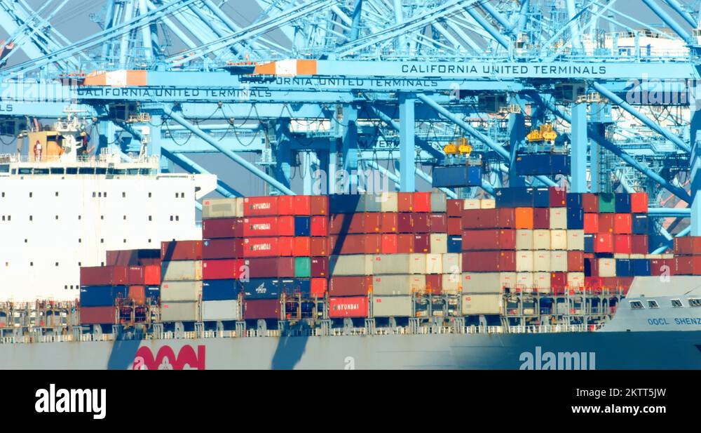 Cargo container ship and cranes during the heat wave in Los Angeles ...