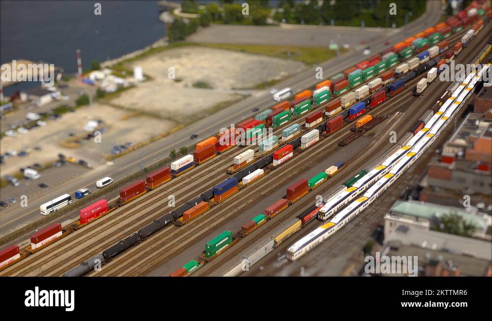 Tilt Shift Lens Effect Vancouver Train Railway Yard Stock Video Footage ...