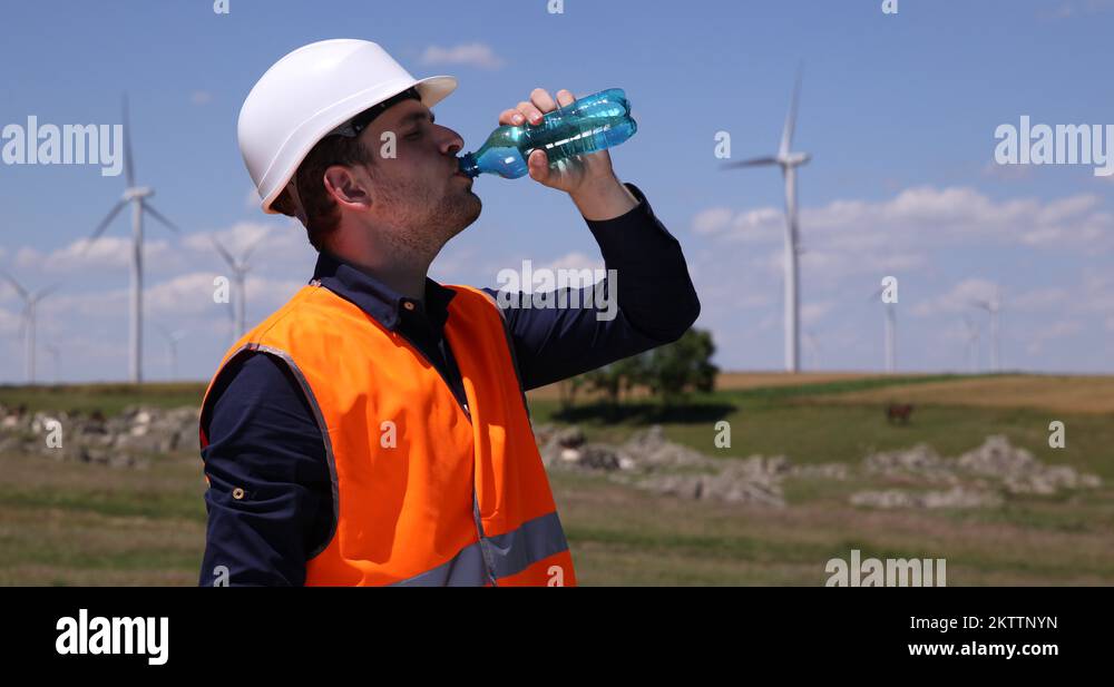 Industrial Area Wind Turbines Dehydrated Worker Man Drinking Water Hot ...