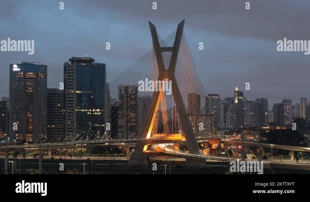 4K Ponte Estaiada, Stayed Bridge Illuminated Time lapse, Sao Paulo City ...