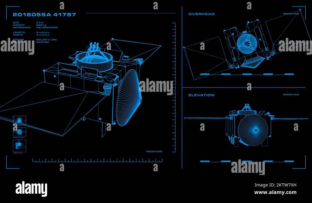 Looping, orthographic view of rotating wireframe model of OSIRIS-REx ...