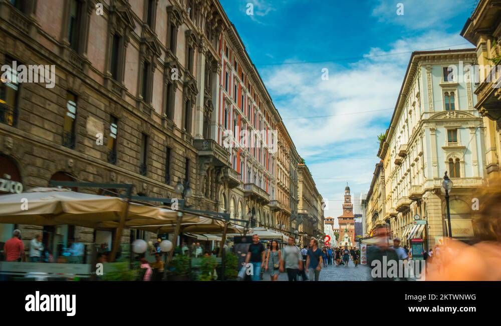 sunny sky milan via dante street crowded walking panorama 4k time lapse ...