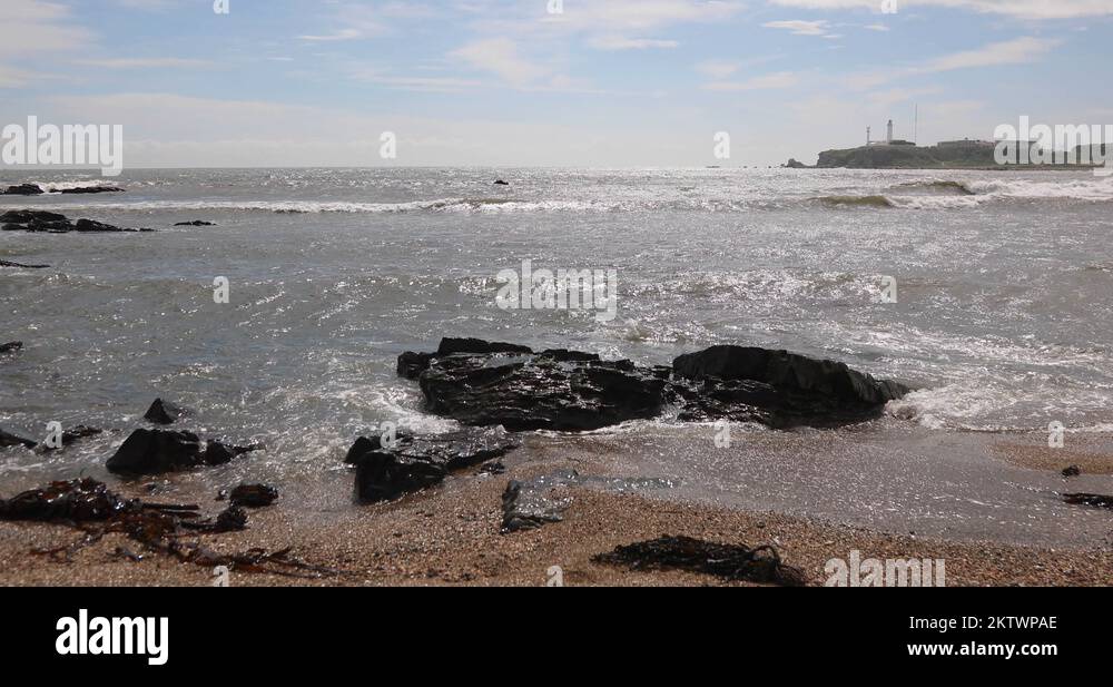 Waves crashing into sea rocks by the beach with Inubosaki Lighthouse in ...