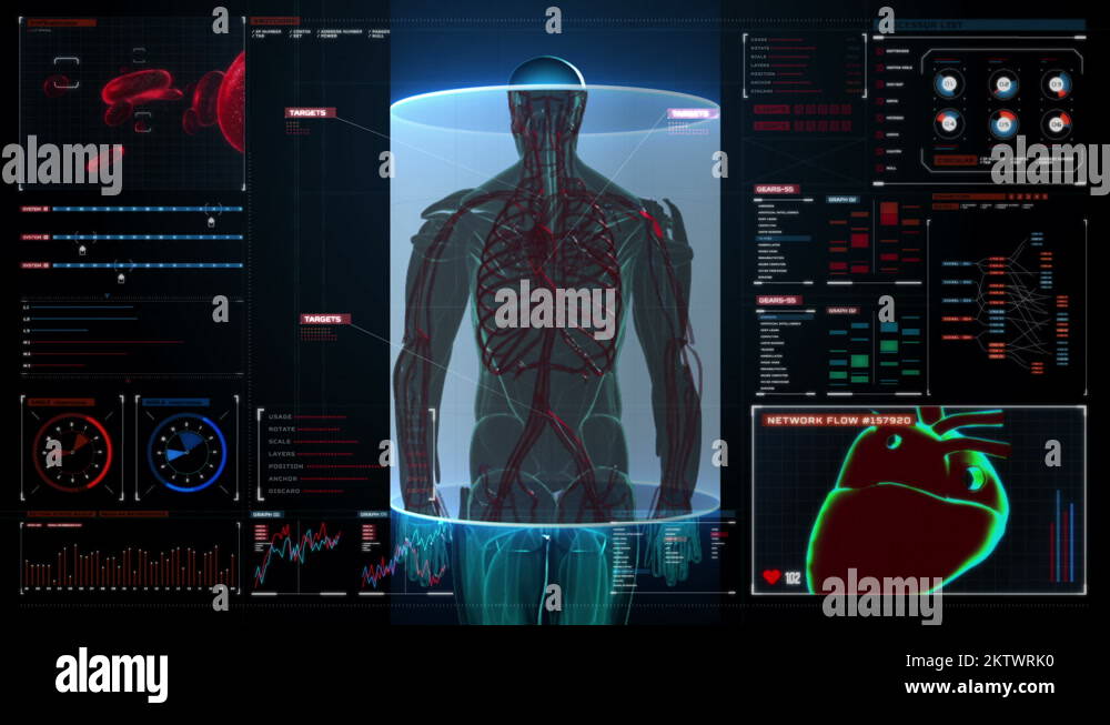 Scanning blood vessel in male body in digital display dashboard. X-ray ...