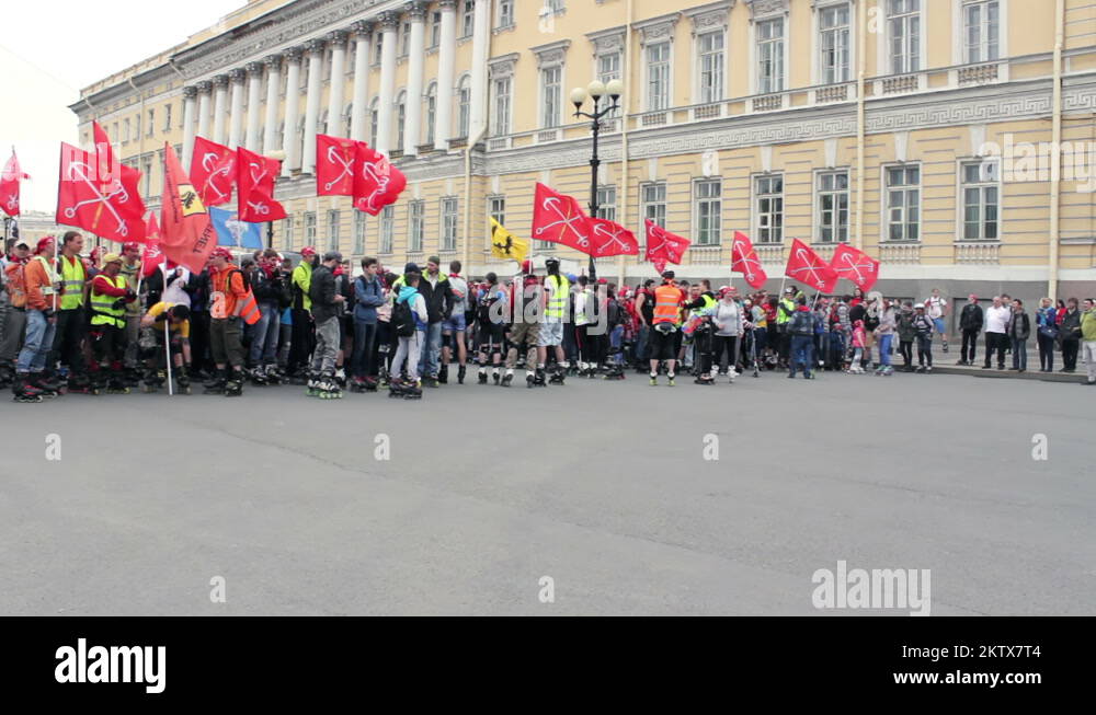 Crowd of People on Roller Skates Holds Red Flags Stock Video Footage ...