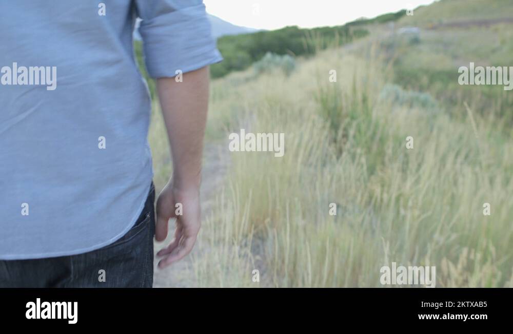 Handheld Follow of Man Walking Down Path Touch Weeds with his Hand ...
