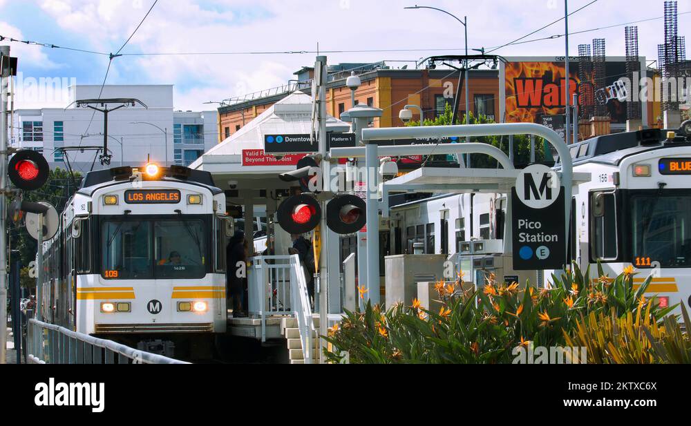 Subway commuter train arrival at metro platform station in Los Angeles ...