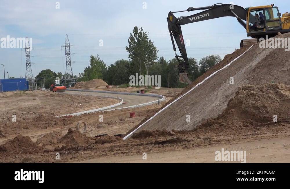 new highway road construction works. Ground leveling and viaduct ...
