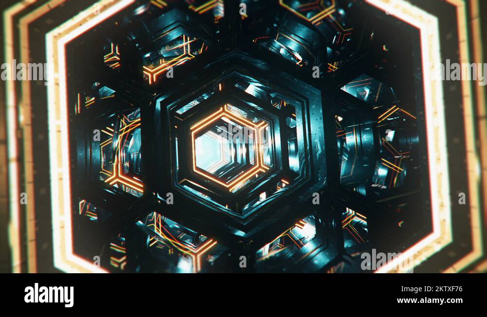 Aircraft pilot POV flying through futuristic tunnel, hexagonal cells ...
