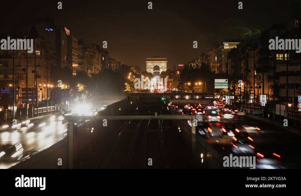 Paris Skyline with La Defense and Subway Metro Train Pass. Time-lapse ...