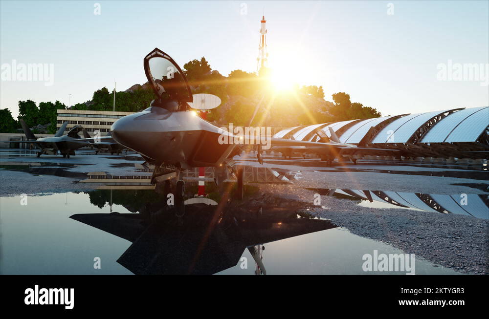 f 22 raptor, military fighter jet. military base. sunset. 3d animation ...
