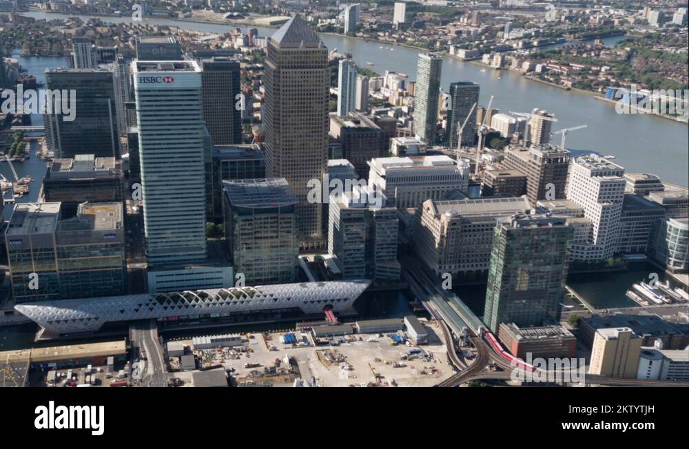 london city aerial helicopter flight urban skyline docklands Stock ...