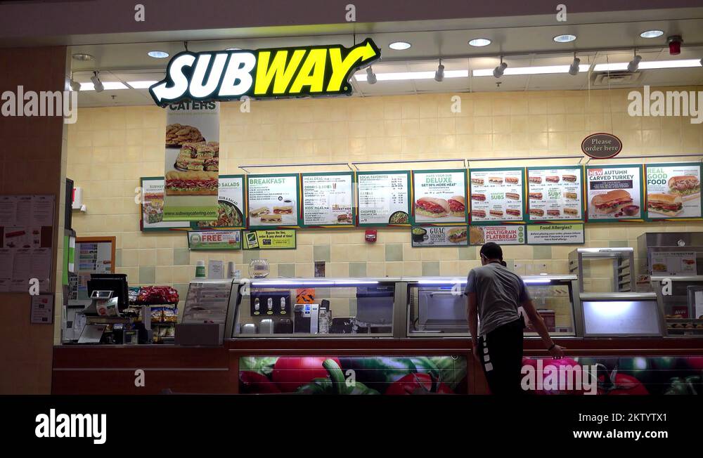 4K Food Court Subway sandwich menu counter, ordering food Stock Video ...