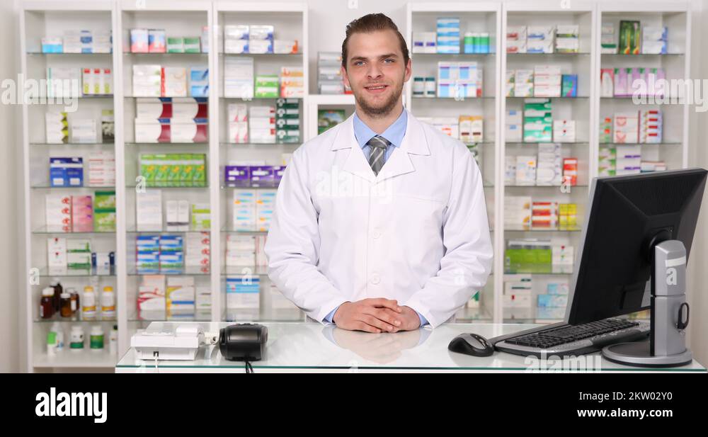 Pharmacist Man Looking Camera Hand Gesture Negative Sign Drugstore ...