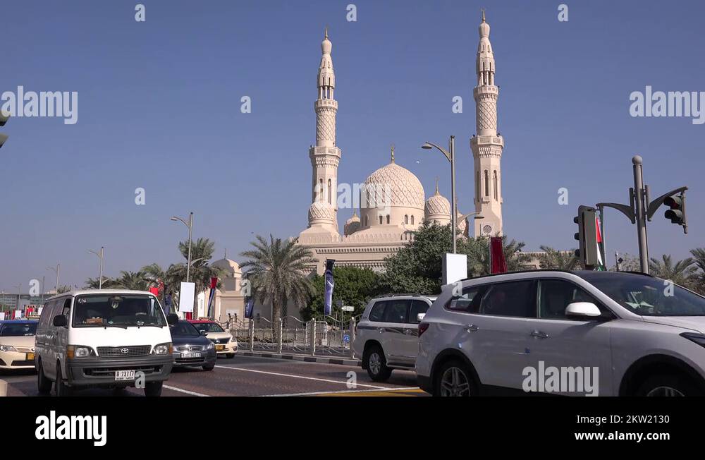Crowded car traffic in emirates arabian cars driving islamic mosque ...
