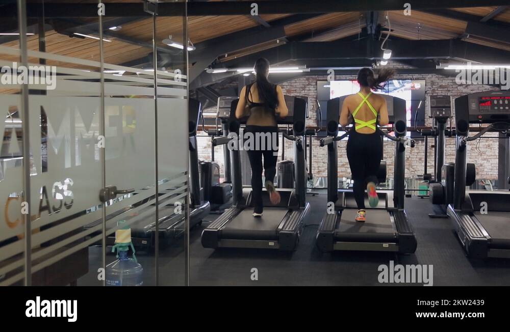 Back view of slim athlete women running on a treadmill in a gym Stock ...