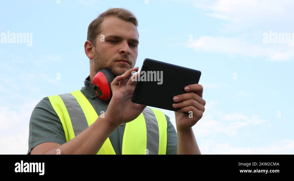 Airport Ground Service Job Activity Man Work Touchpad Airplane Passing ...