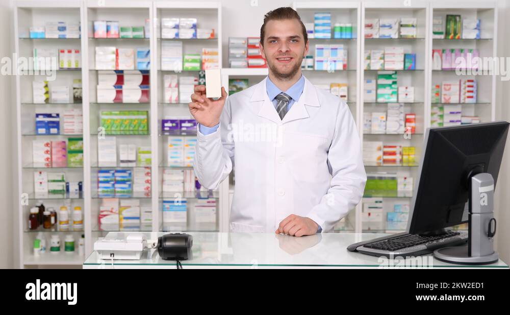 Pharmacist Man Smile Show Medicament Drugs Hand Gestures Ok Sign ...