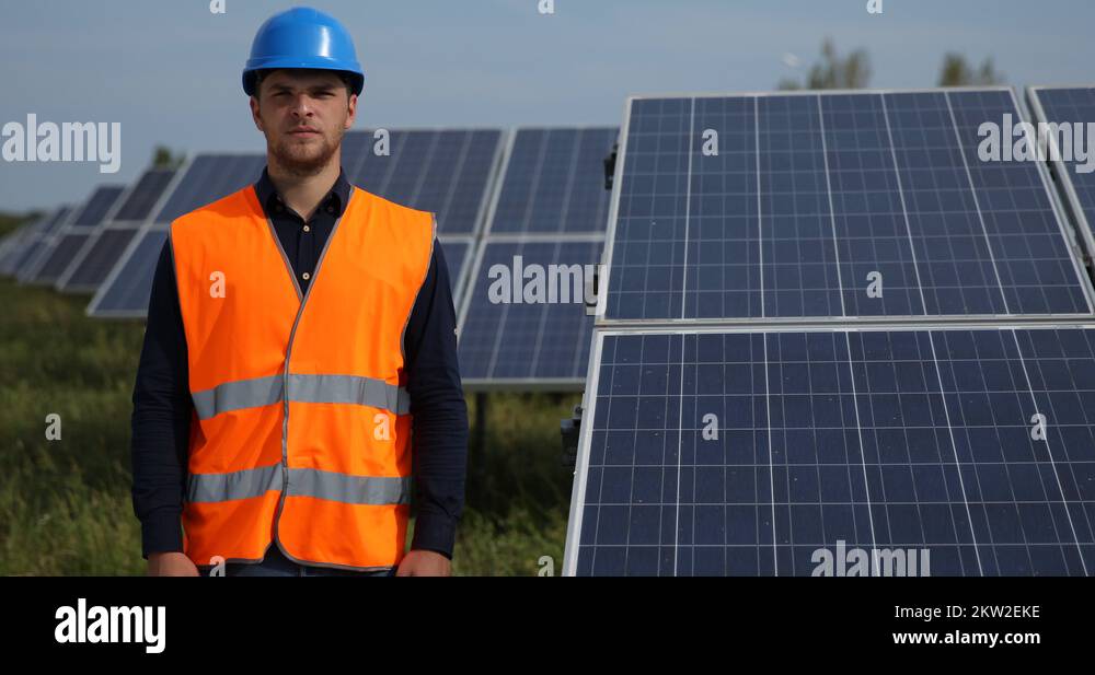 Engineer Man Posing Showing Ok Sign Looking Camera Solar Panels ...