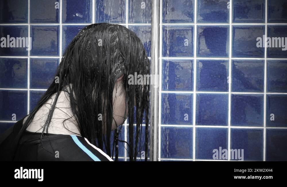 Slow Motion Of Woman In Swimsuit Taking Shower Focus Of Side Head