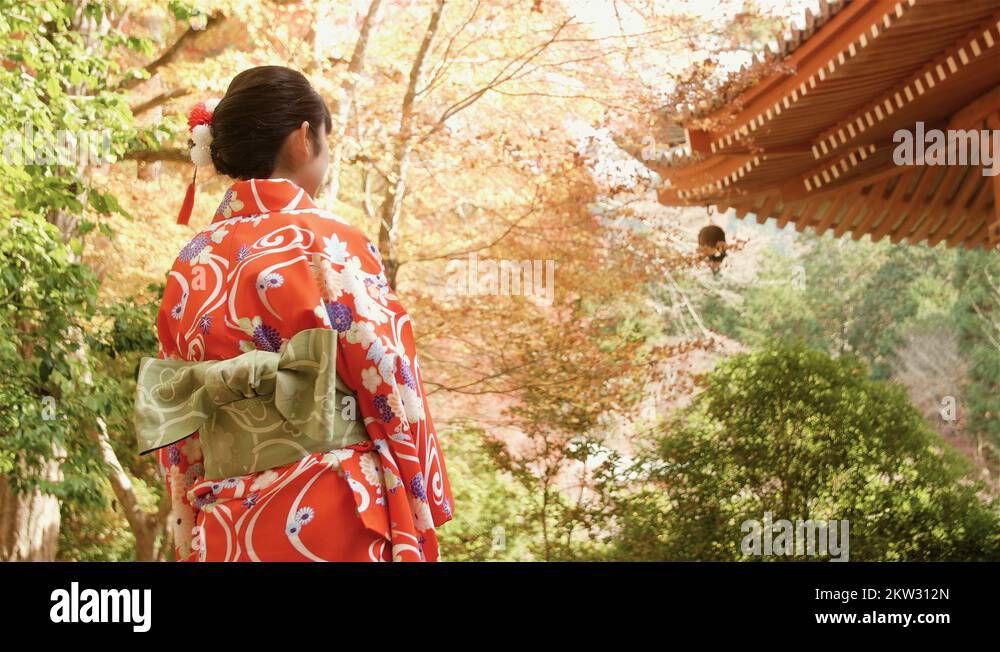 Beautiful Japanese Kimono Girl Poses In Kyoto Temple Setting Stock Video Footage Alamy