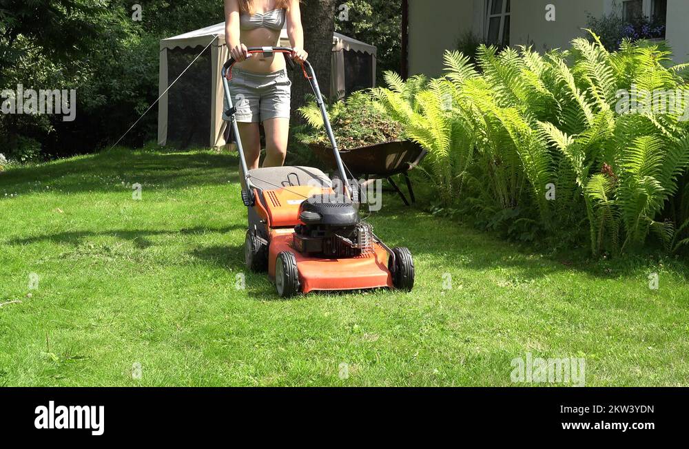 female gardener in shorts and bra pushing lawn grass mower near fern ...