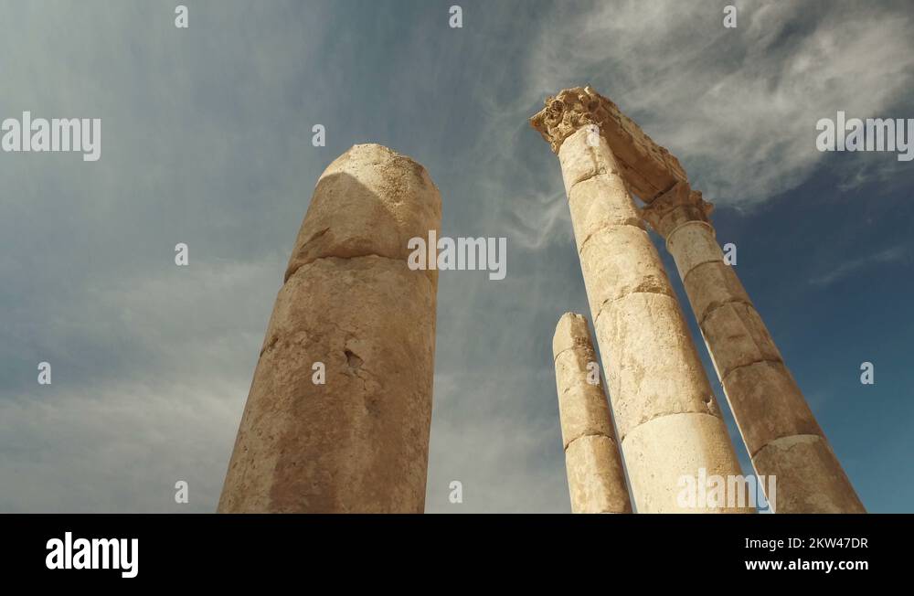 Steadicam shot of pillars of ancient palace in Citadel ruins Amman ...